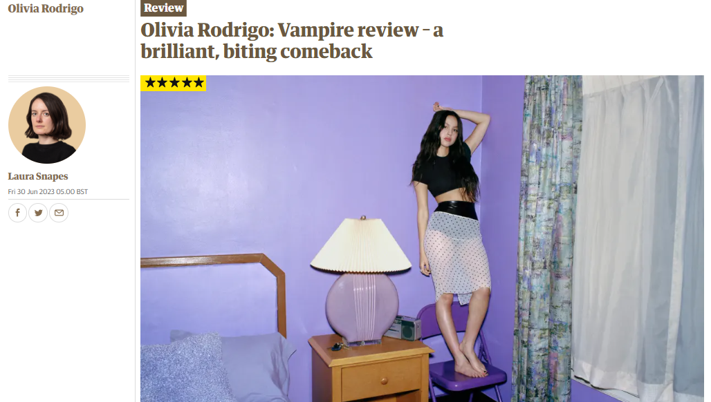 Olivia Rodrigo ganha nota máxima com seu single de retorno Vampire